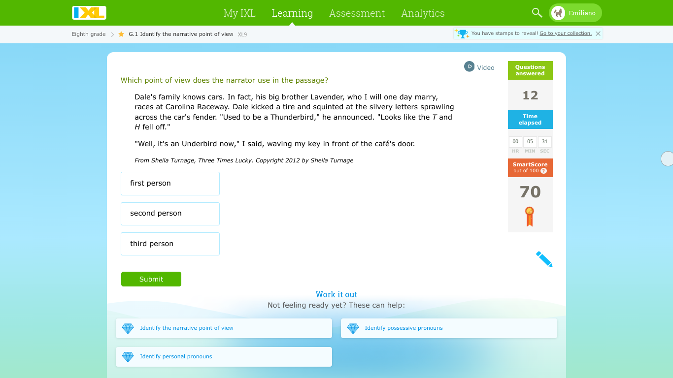\square \times My IXL Learning Assessment Analytics Emiliano Eighth grade..