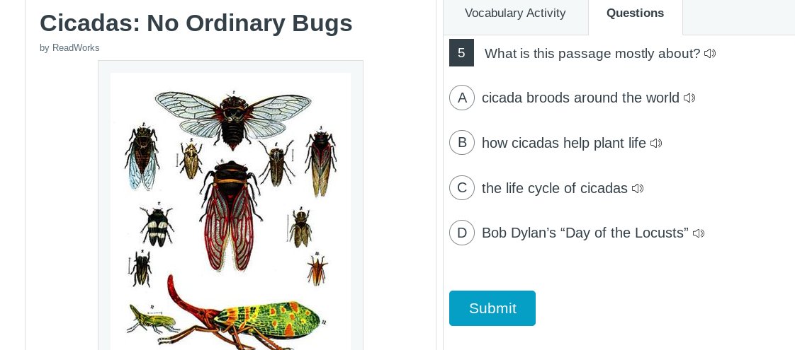 Cicadas: No Ordinary Bugsby ReadWorksVocabulary ActivityQuestions5