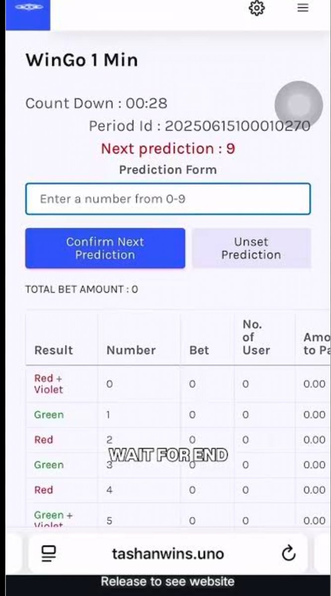 The image shows a prediction form for a game called WinGo 1 Min. The user..