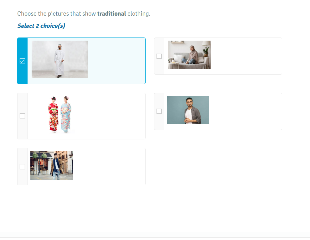Choose the pictures that show traditional clothing. Select 2 choice(s)..