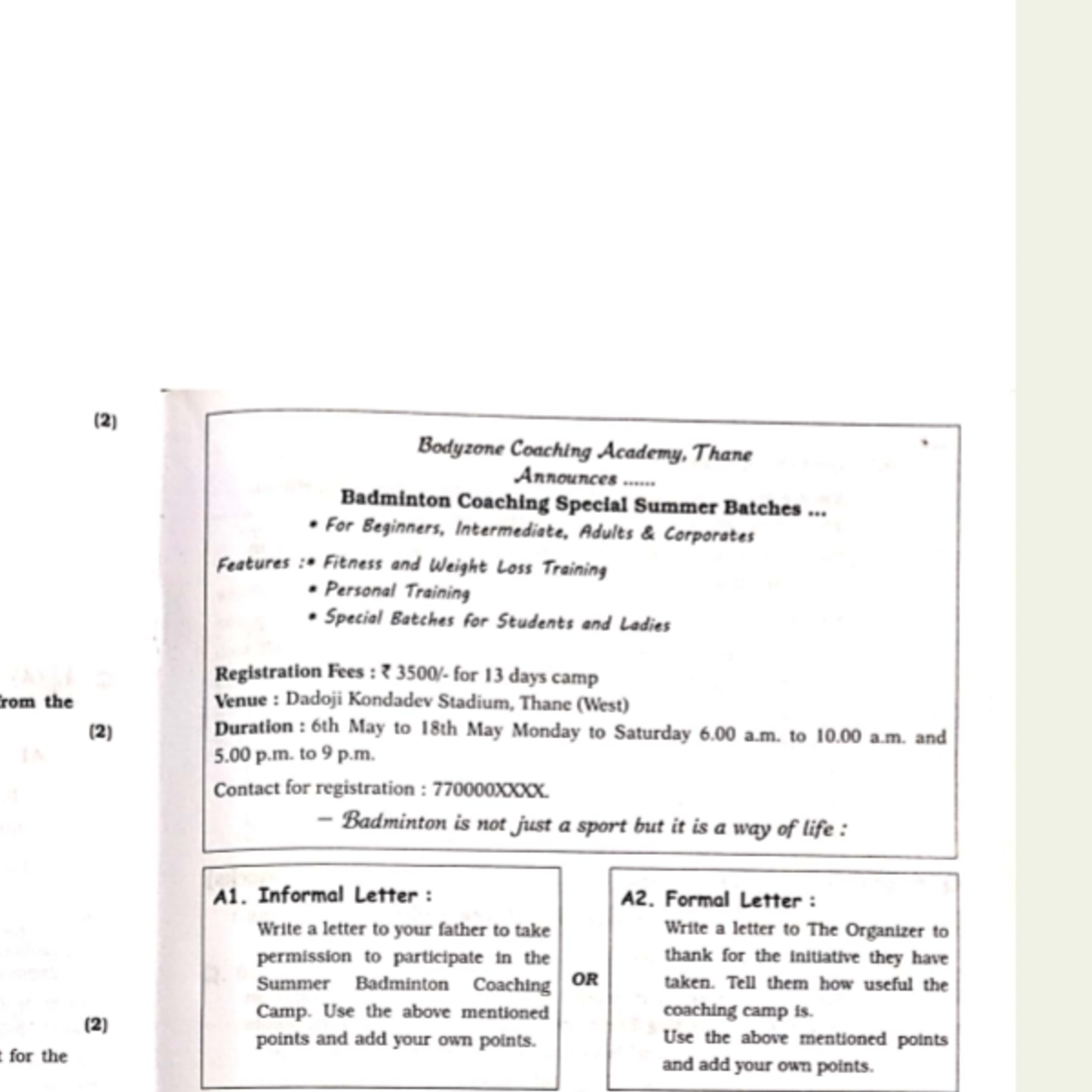(2)rom the(2)A1. Informal Letter:Write a letter to your father to ta..