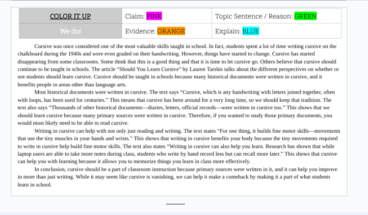 COLORITUPClaim: PINKTopic Sentence / Reason: GREENWe do:Evidence:Ex..