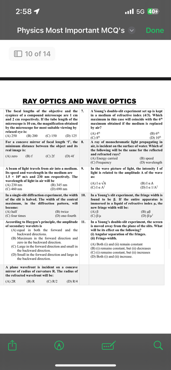 2:58 ↑5G404Physics Most Important MCQ's目 10 of 14RAY OPTICS AND WAV..