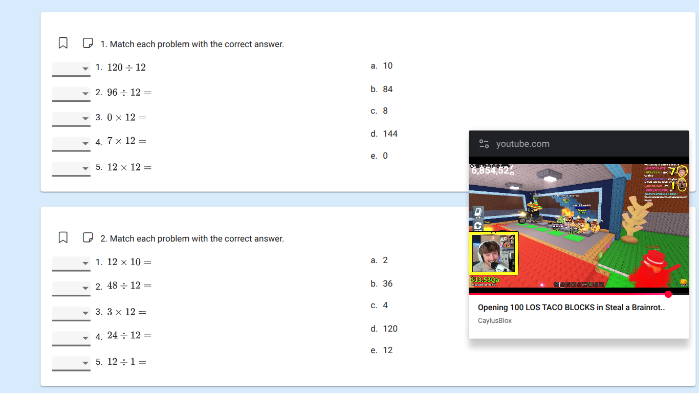 Match each problem with the correct answer. 120 ÷ 12 96 ÷ 12 = 0 × 12