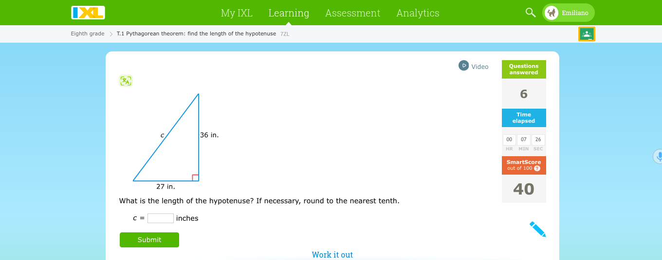 \square \times My IXL Learning Assessment Analytics Emiliano Eighth grade..