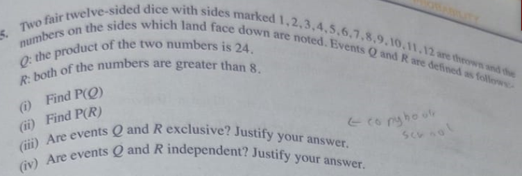 Two fair twelve-sided dice with sides marked 1, 2, 3, 4, 5, 6, 7, 8, 9, 1..