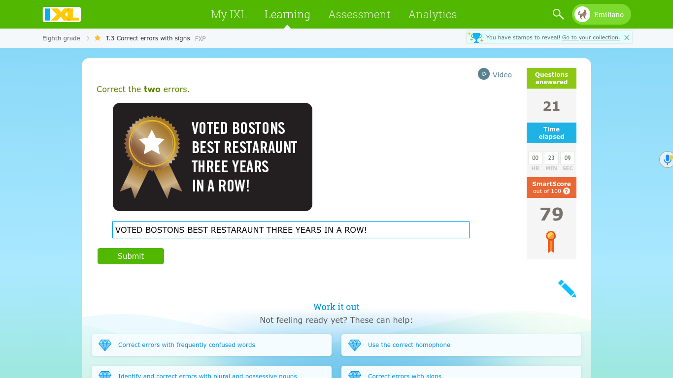 ×1My IXLLearningAssessmentAnalyticsEmilianoEighth gradeT. 3 Corre..