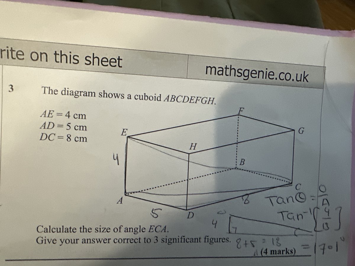 The diagram shows a cuboid ABCDEFGH AE = 4 cm AD = 5 cm DC = 8 cm