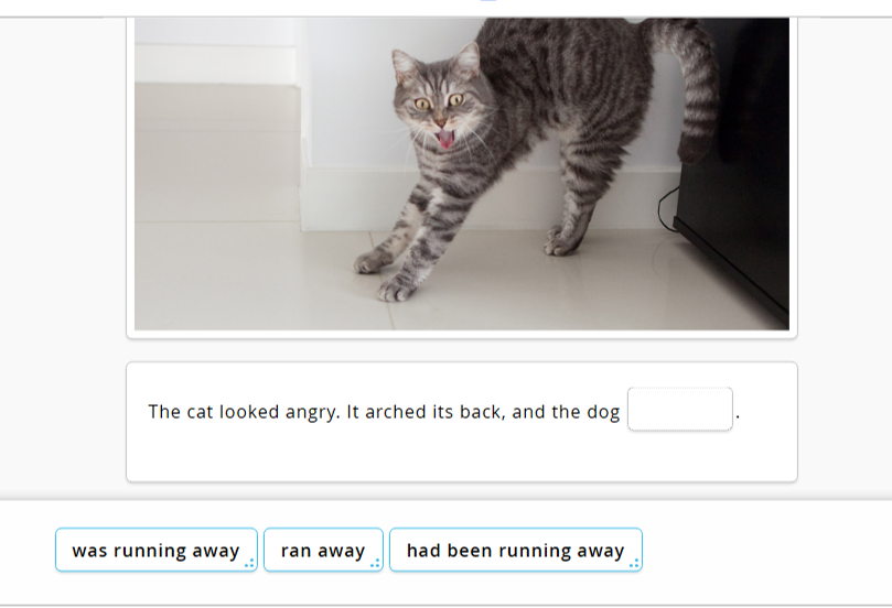 The cat looked angry. It arched its back, and the dog \square . was runni..