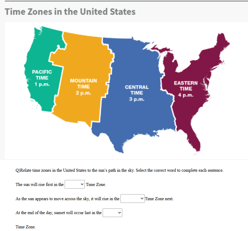 Relate time zones in the United States to the sun's path in the sky. Sele..