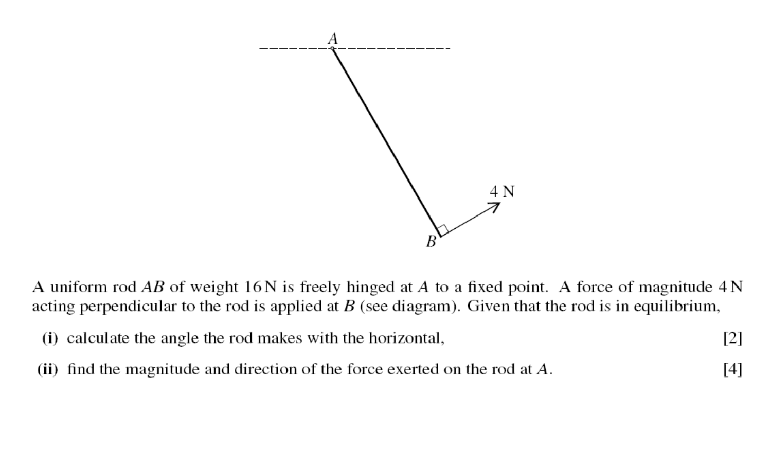 A uniform rod AB of weight 16N is freely hinged at A to a fixed point. A