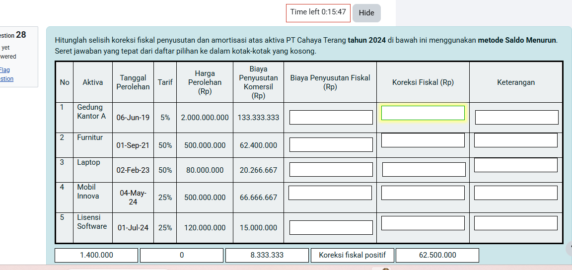 Calculate the fiscal correction difference for depreciation and amortizat..