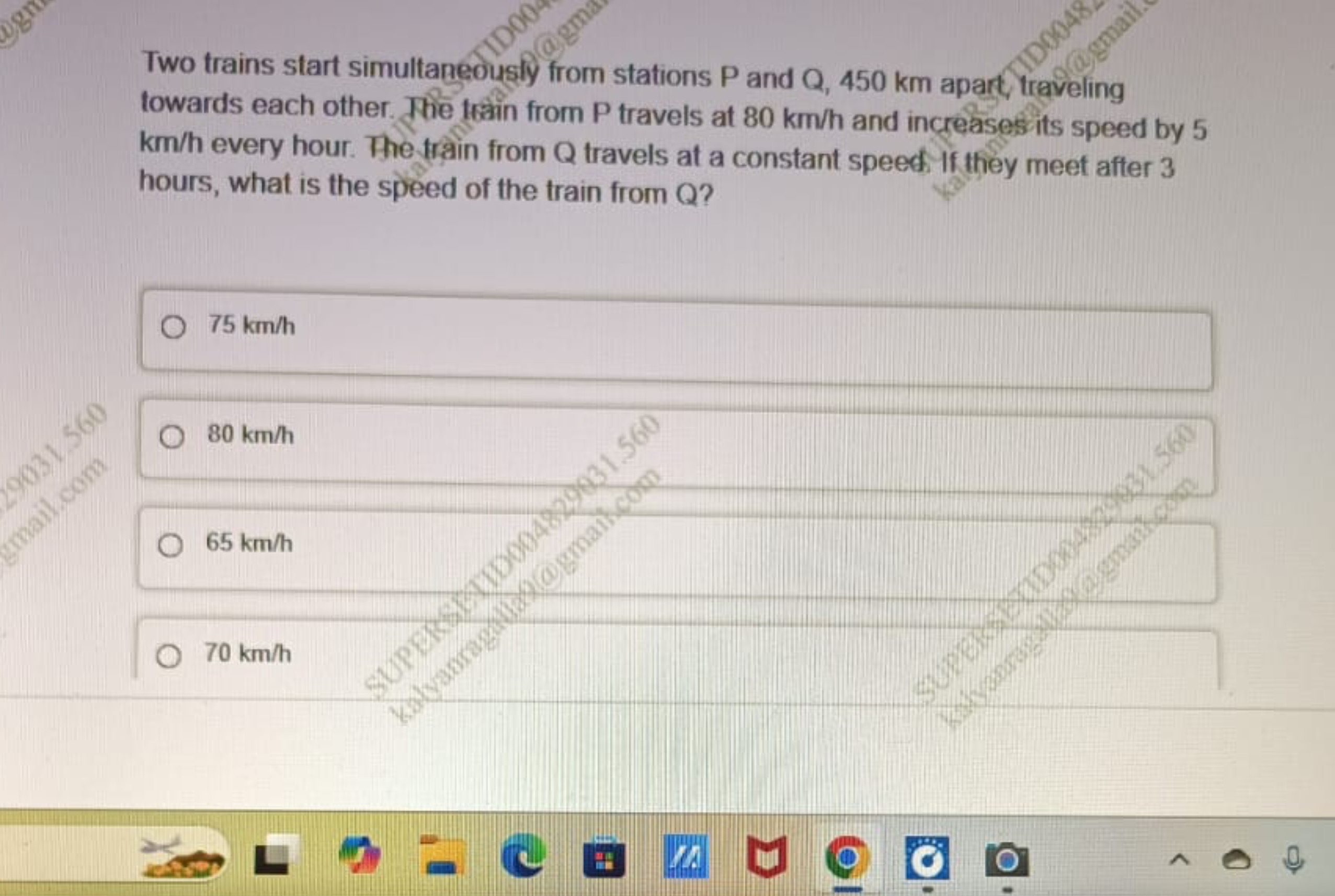 Two trains start simultaneousily from stations P and Q , 450 \mathrm {km}..