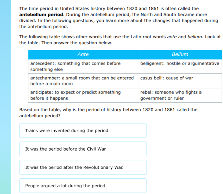The time period in United States history between 1820 and 1861 is often c..