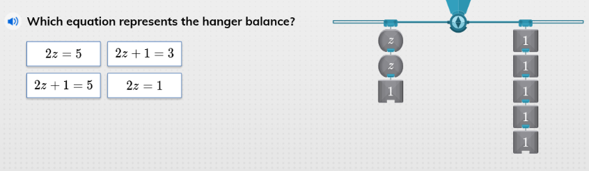 Which equation represents the hanger balance? \square 2 z = 5 2 z + 1 = 3..