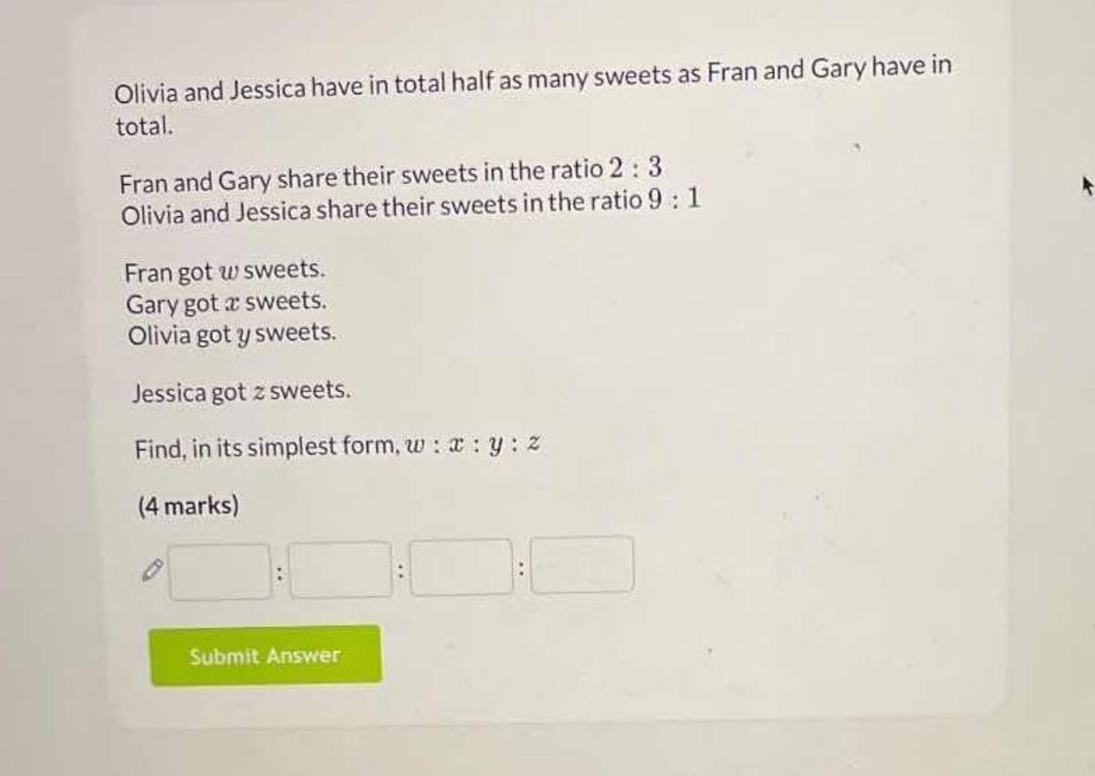 Olivia and Jessica have in total half as many sweets as Fran and Gary hav..