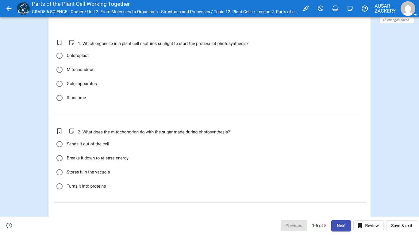 Which organelle in a plant cell captures sunlight to start the process of..