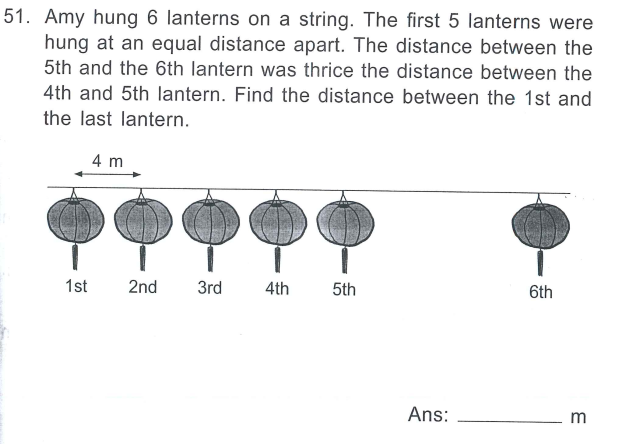 Amy hung 6 lanterns on a string. The first 5 lanterns were hung at an equ..
