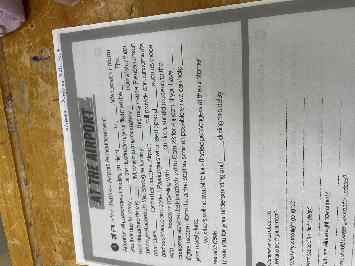 At the Airport 1. Fill in the Blanks - Airport Announcement Attention a..