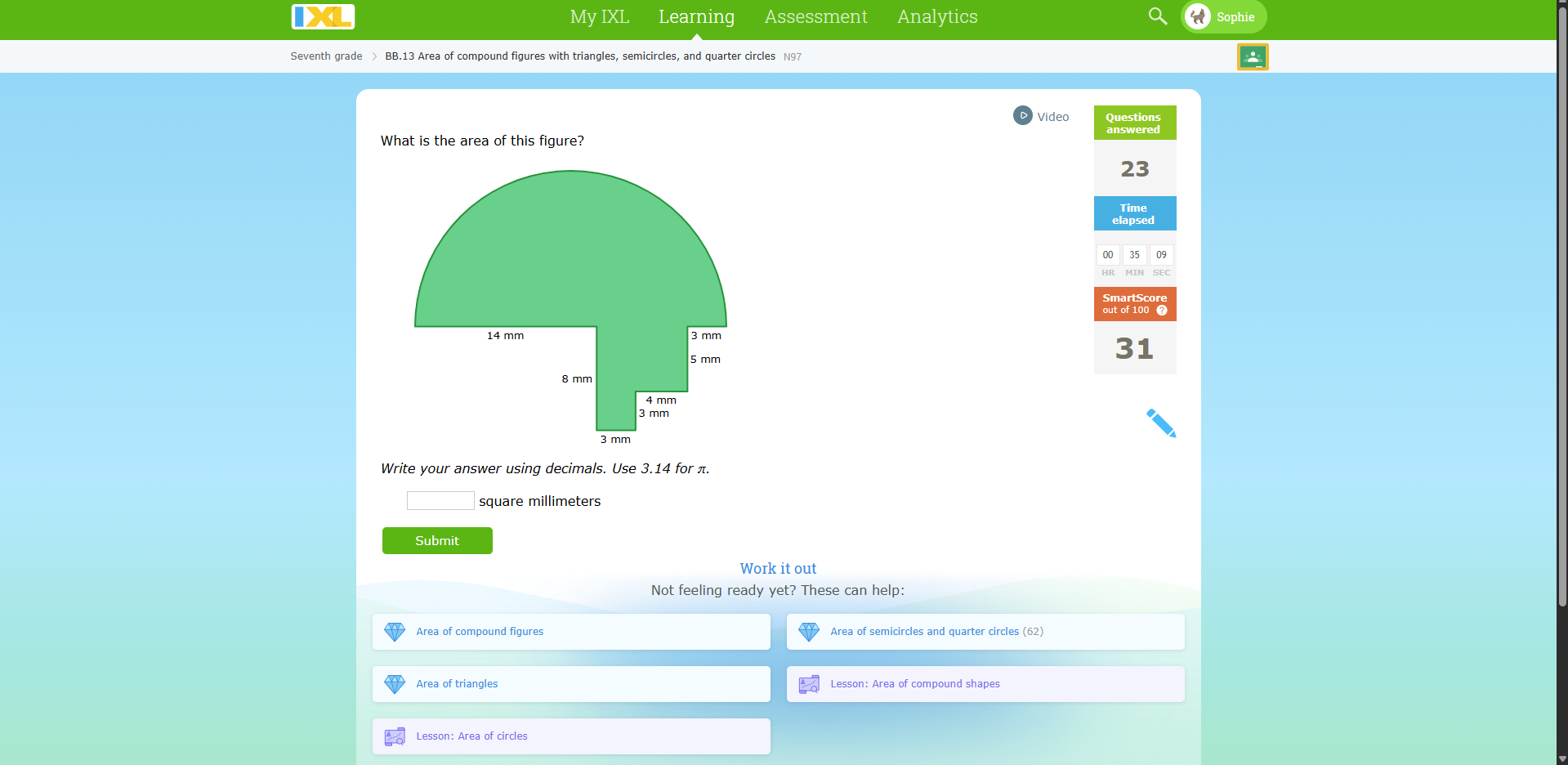 DN My IXL Learning Assessment Analytics Sophie Seventh grade > BB. 13 Are..