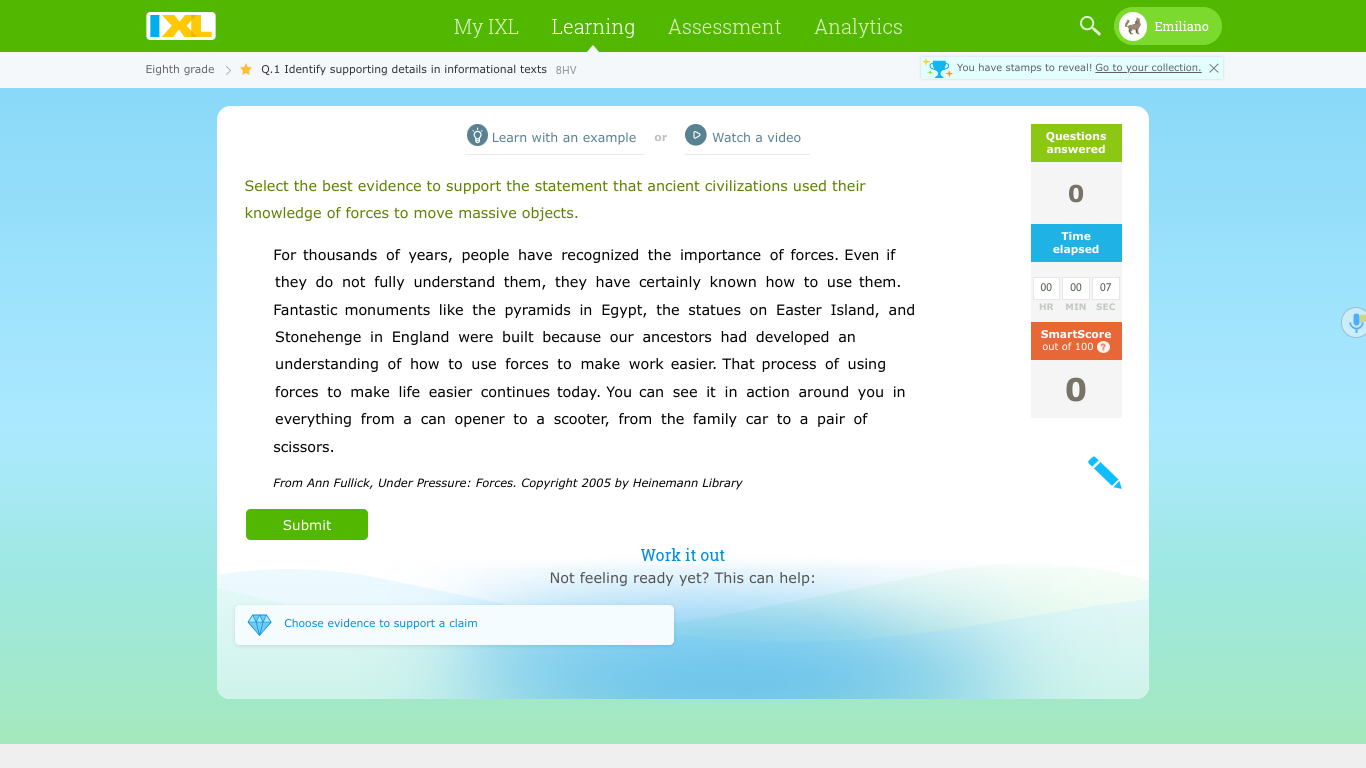 My IXL Learning Assessment Analytics Emiliano Eighth grade Q. 1 Identify