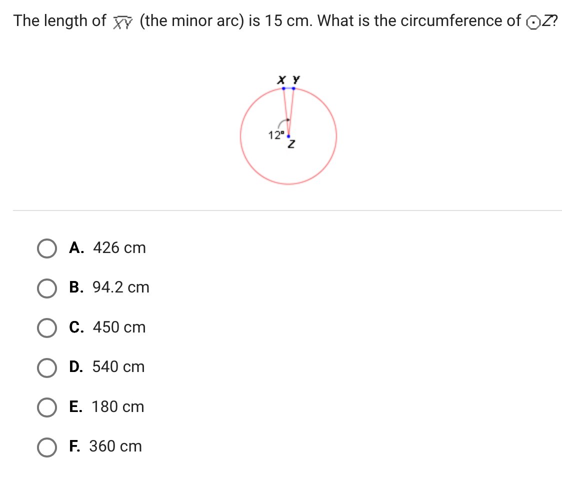 The length of arc XY (the minor arc) is 15 cm. What is the circumference