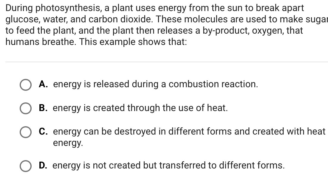 During photosynthesis, a plant uses energy from the sun to break apart gl..