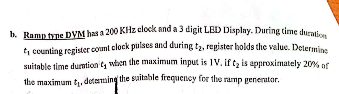 A ramp type Digital Voltmeter (DVM) has a 200 KHz clock and a 3-digit LED..