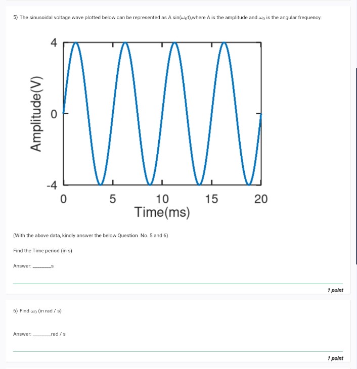 5) The sinusoidal voltage wave plotted below can be represented as A sin(..