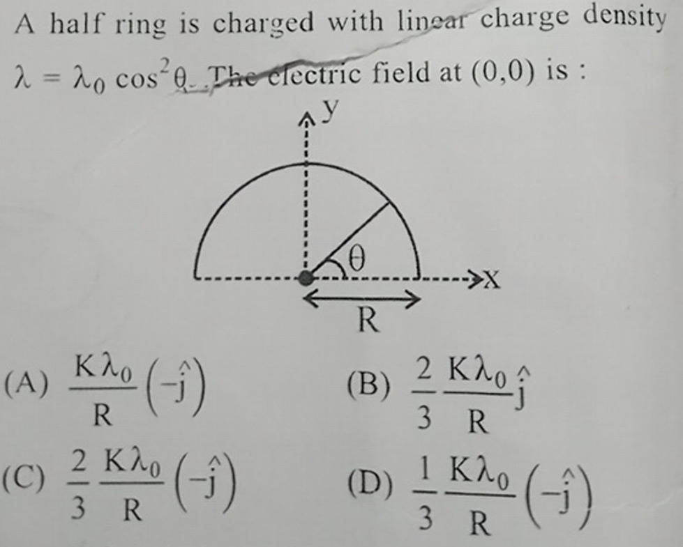 A half ring is charged with linear charge density \lambda=\lambda_{0} \co..