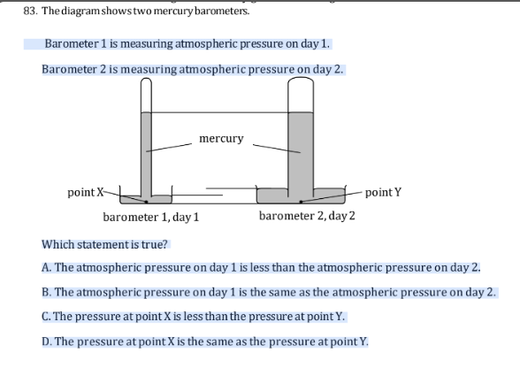 The diagram shows two mercury barometers. Barometer 1 is measuring atmosp..
