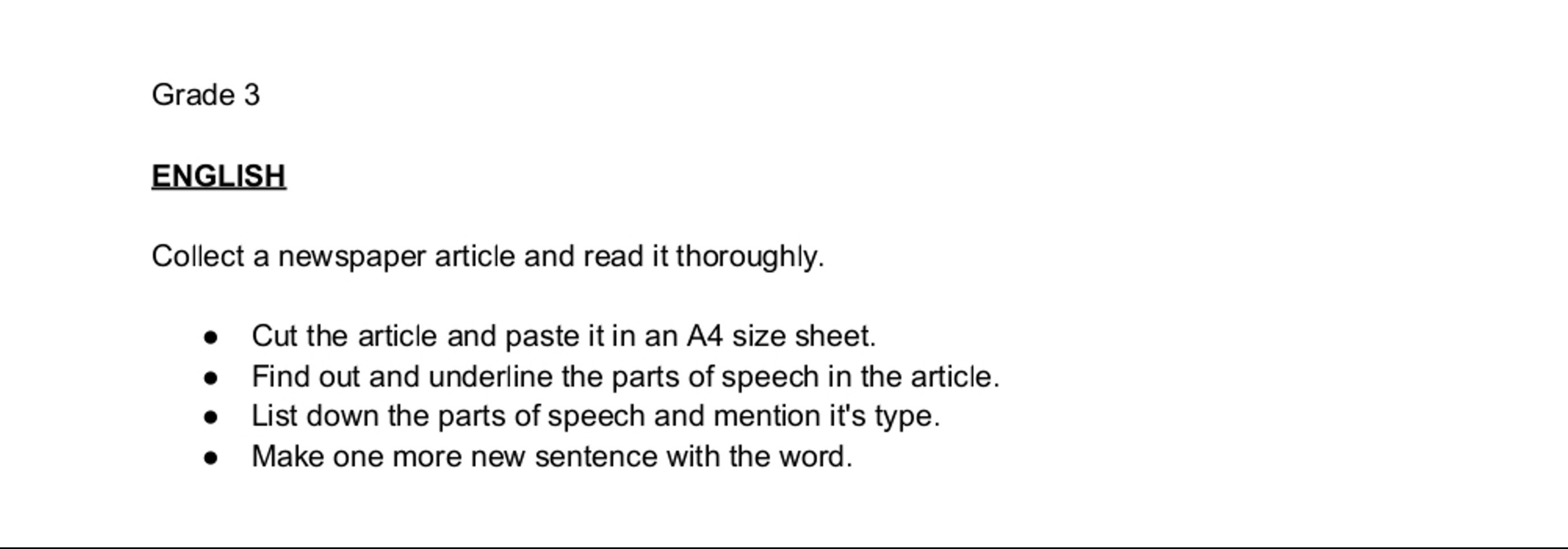 Grade 3 ENGLISH Collect a newspaper article and read it thoroughly. Cut
