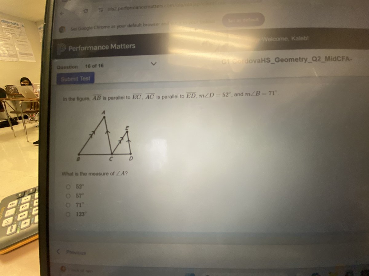 In the figure, \overline{AB} is parallel to \overline{EC}, \overline{AC}