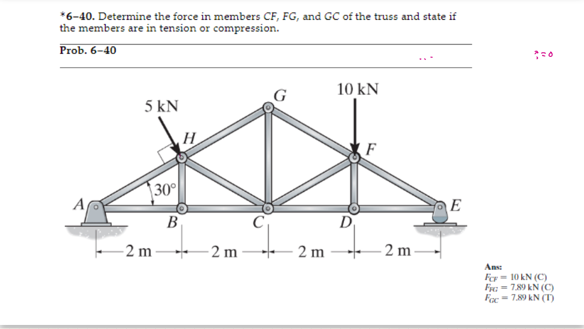 *6-40. Determine the force in members CF,FG, and GC of the truss and stat.. *6-40. Determine the force in members CF,FG, and GC of the truss and stat..