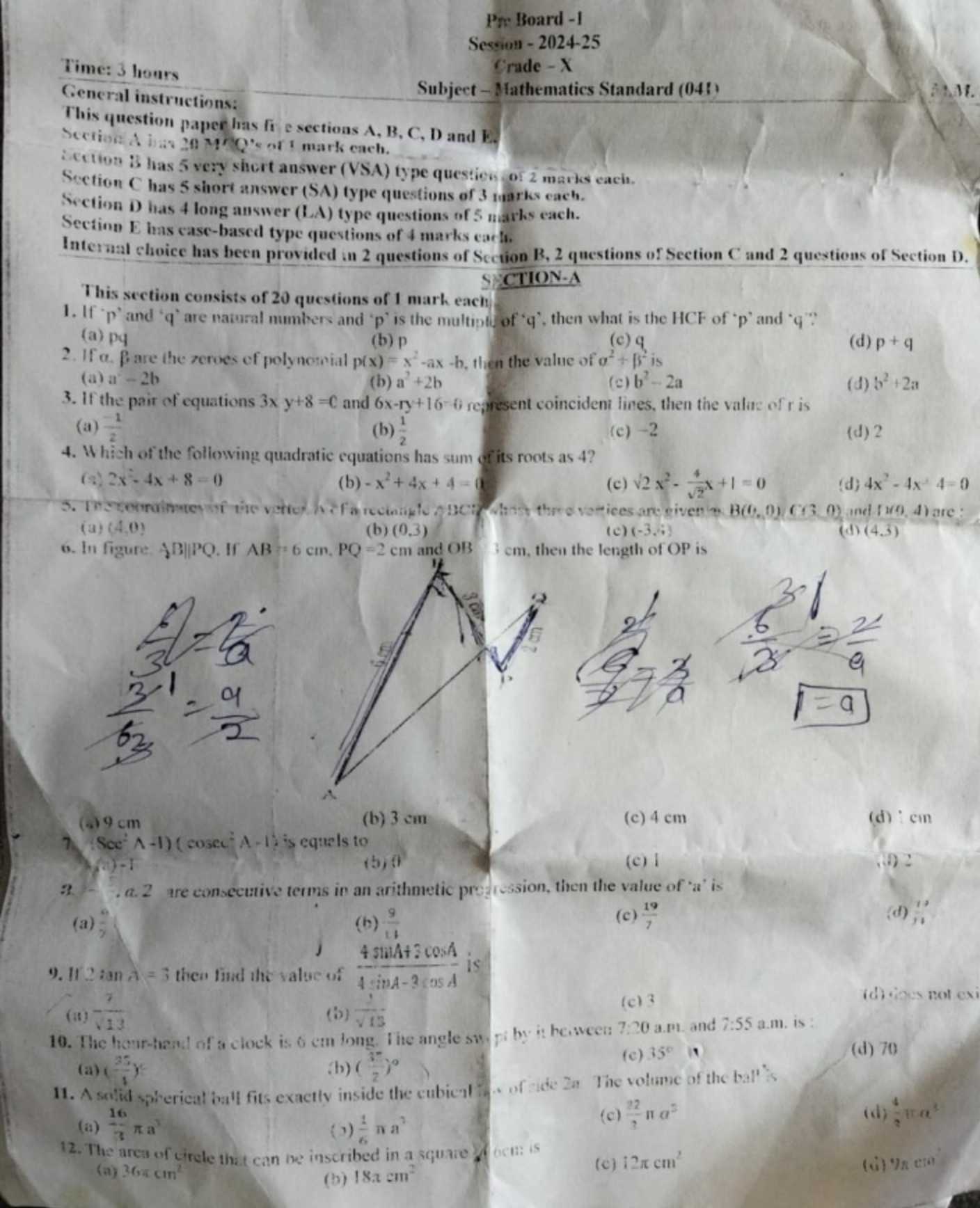 Prc Board -1 Sescon - 2024-25 Time: 3 hours Grade - X General instruction..