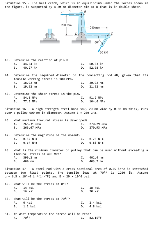Situation 15 - The bell crank, which is in equilibrium under the forces s..