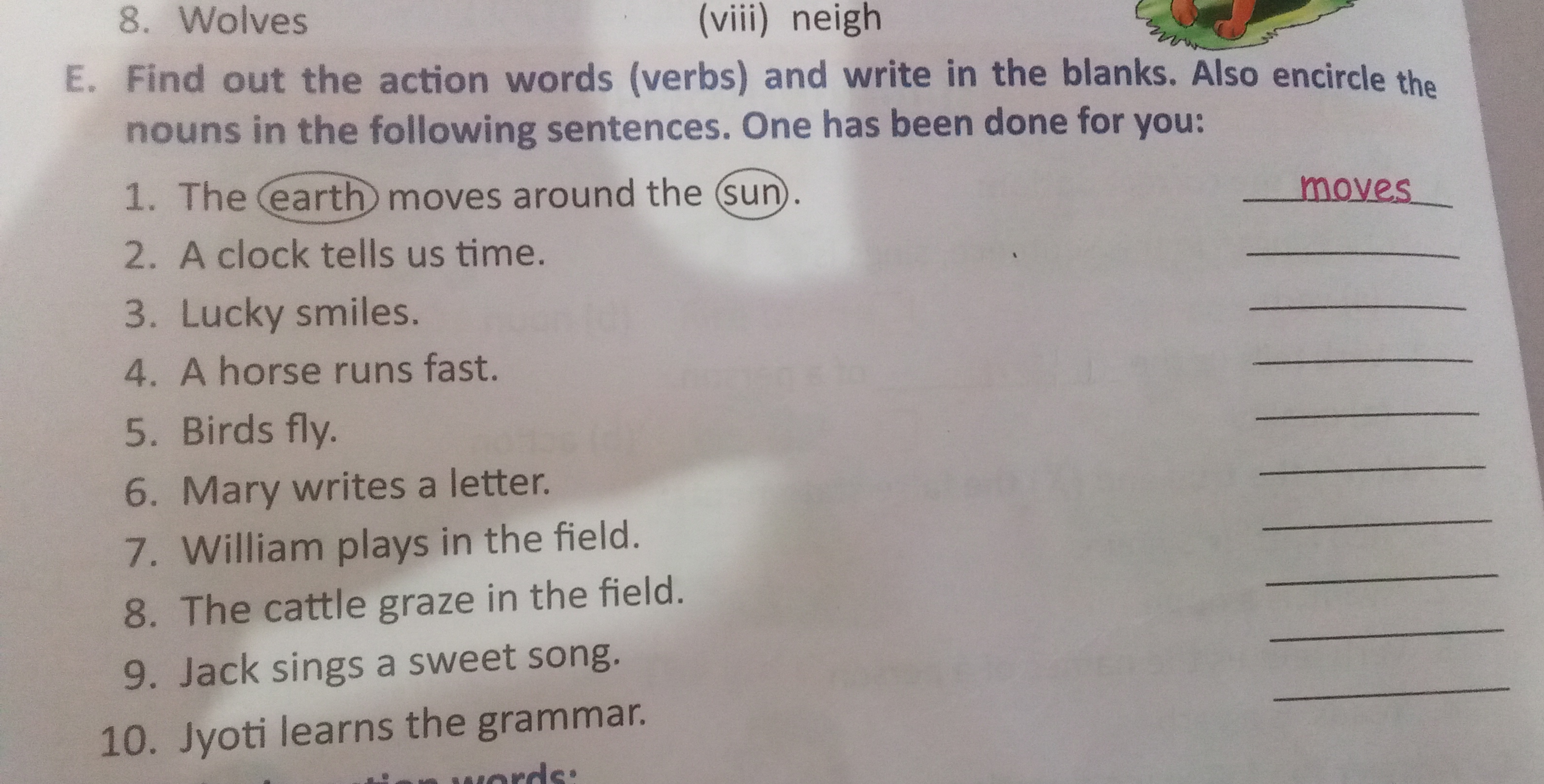 8. Wolves(viii) neighE. Find out the action words (verbs) and write in
