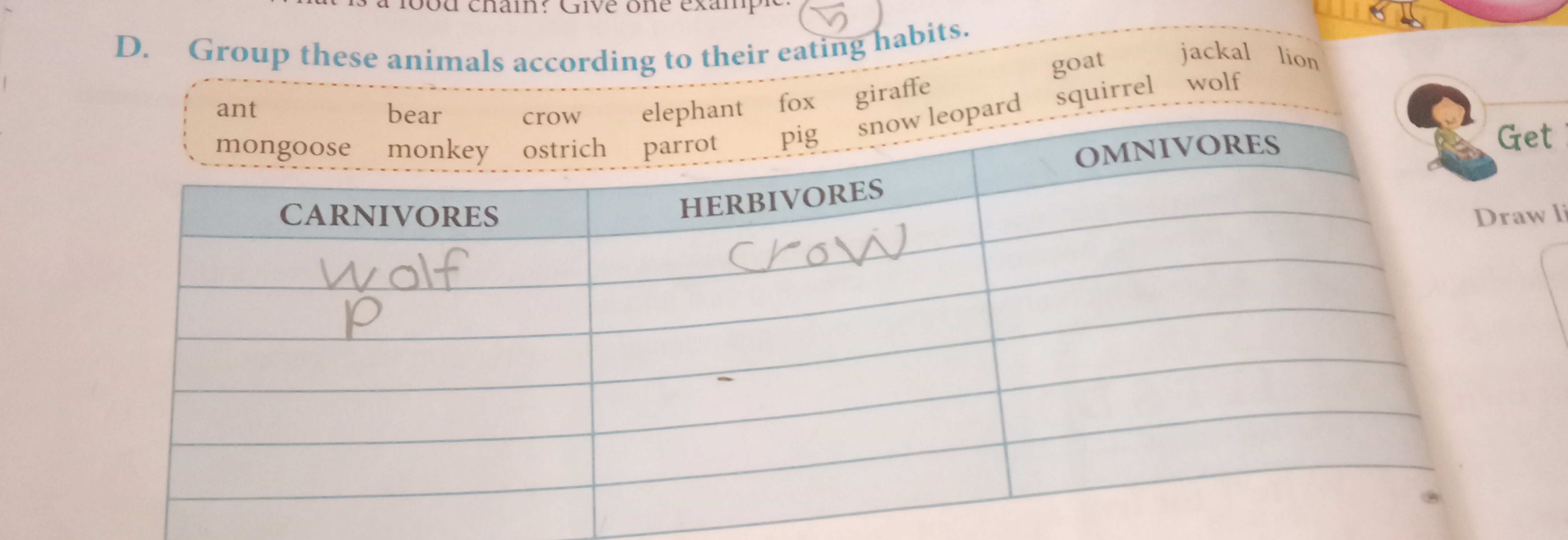 D. Group these animals according to their eating habits. mongoose monkey