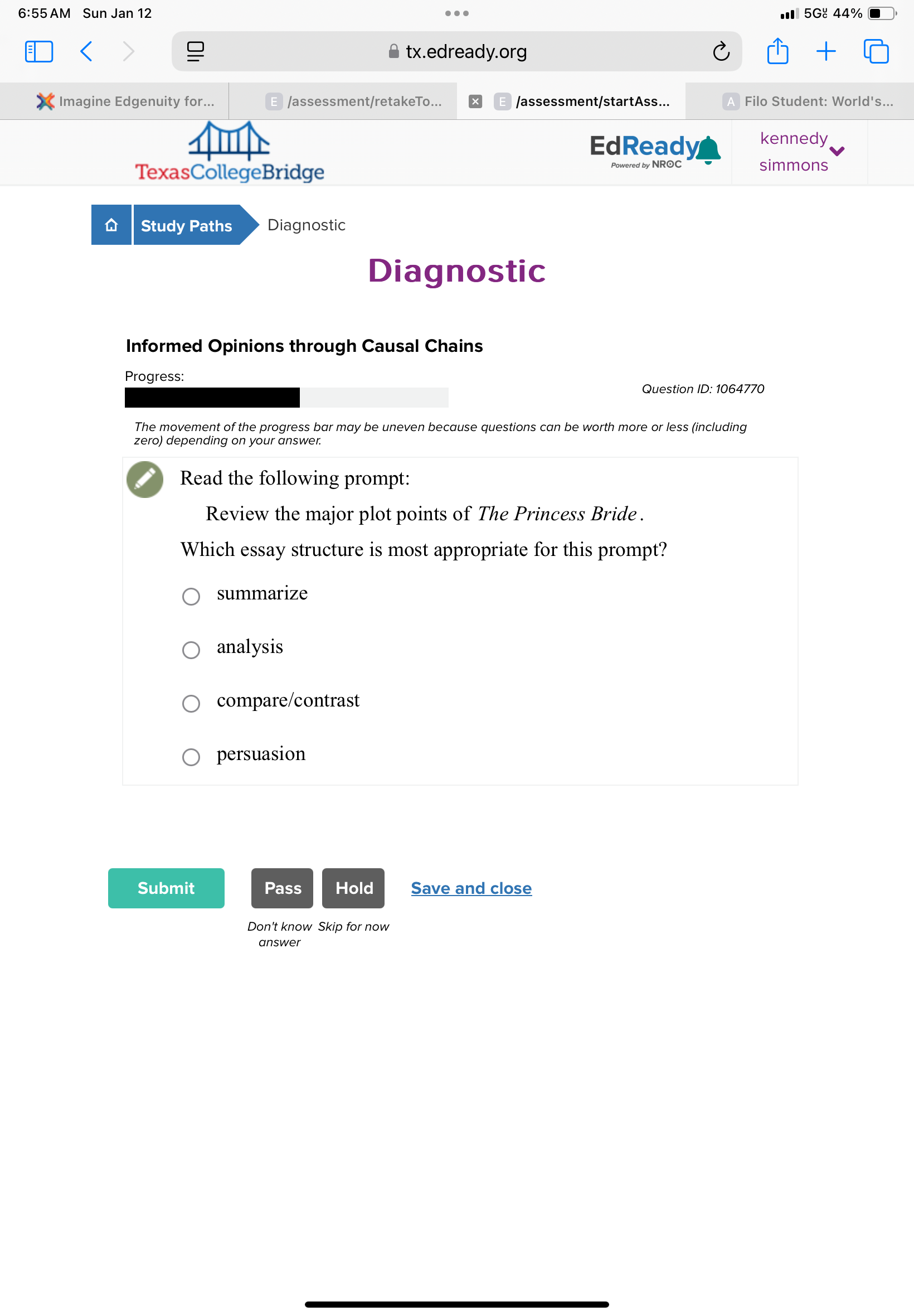 6:55 AM Sun Jan 12.ll 5G cu 44%Imagine Edgenuity for.../assessment/ret..