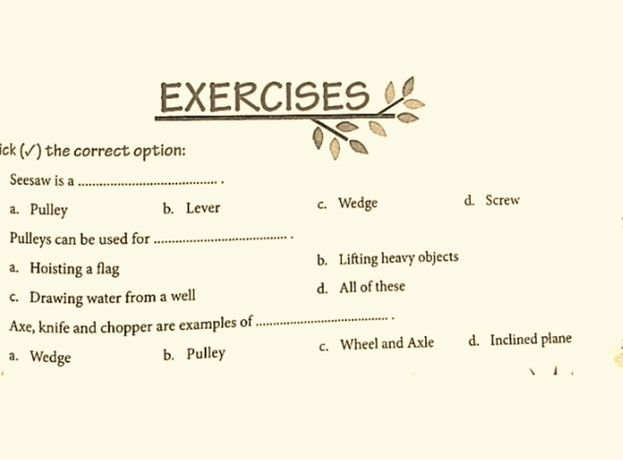 ∞ ick ( ) the correct option:Seesaw is a a. Pulleyb. Leverc. Wedged..