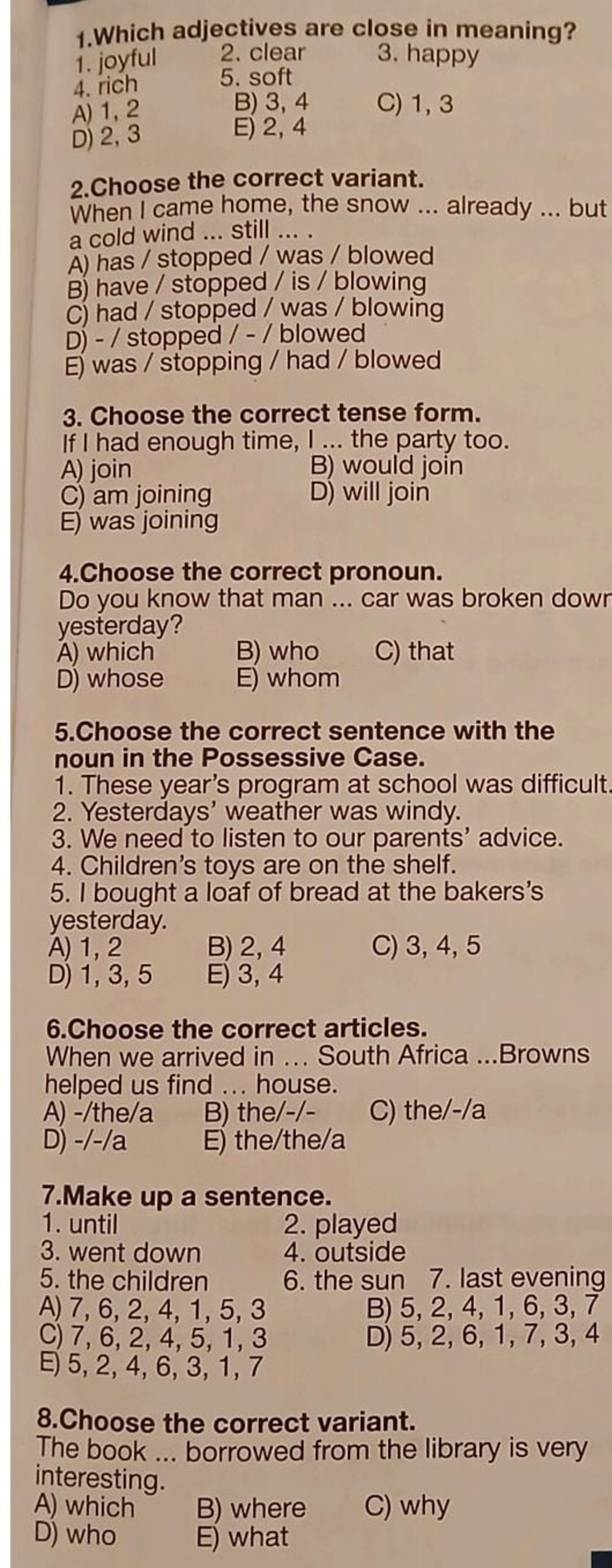 1.Which adjectives are close in meaning?1. joyful2. clear3. happy4. r..