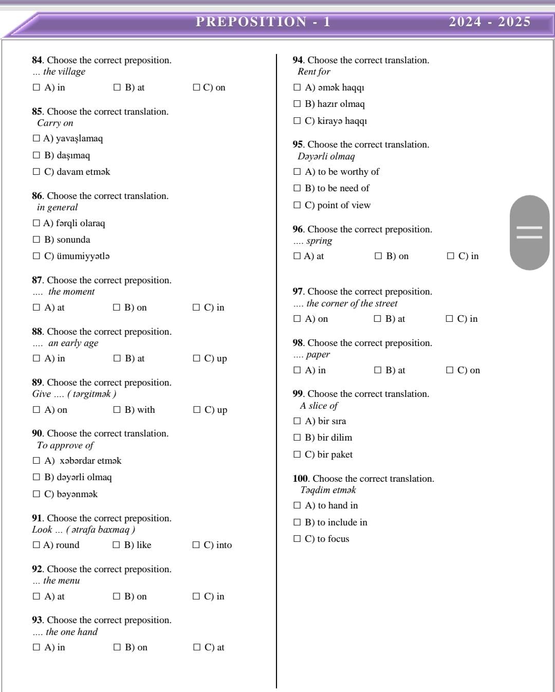 PREPOSITION - 1 2024-2025 Choose the correct preposition. ... the village..