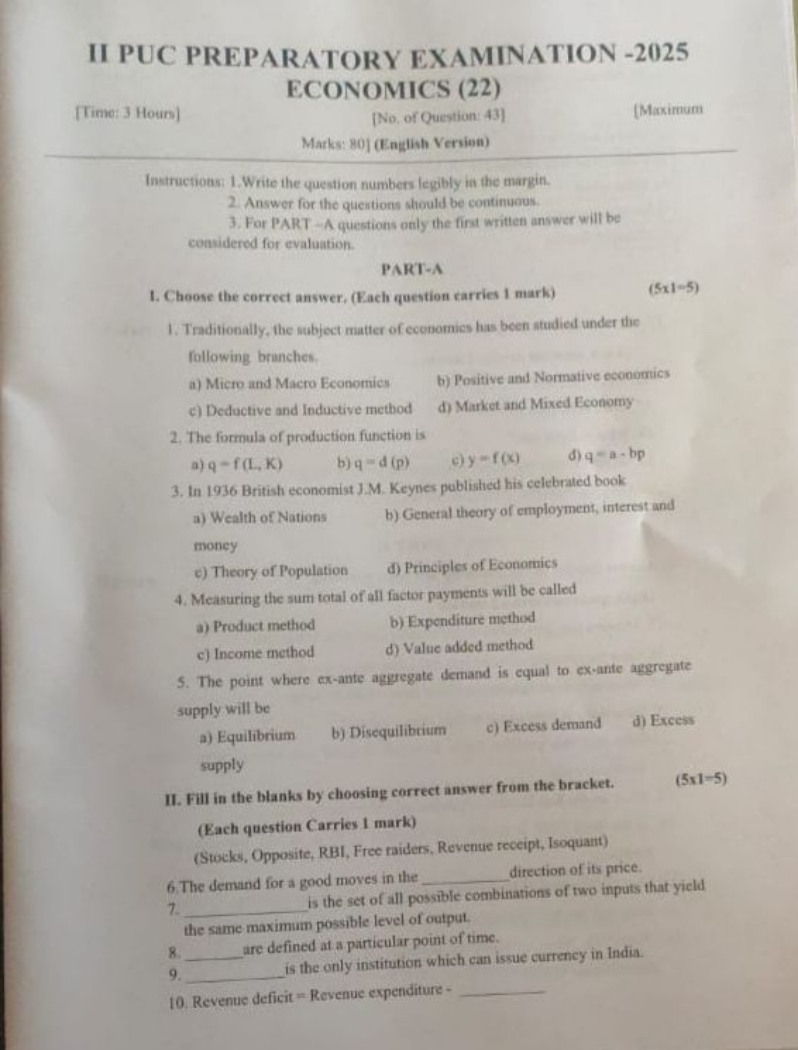 II PUC PREPARATORY EXAMINATION -2025 ECONOMICS (22)[Time: 3 Houn][No, o..