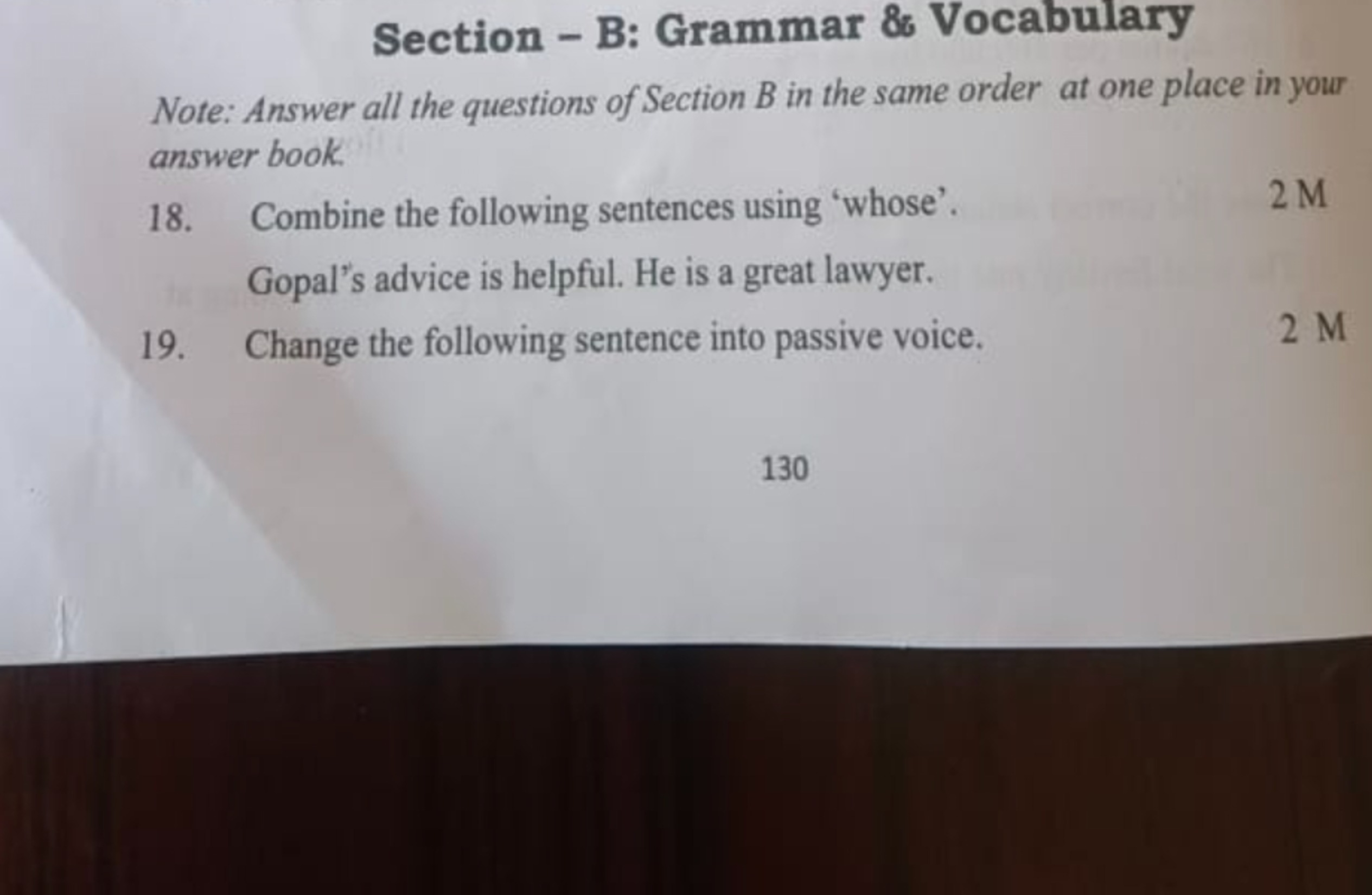 Section - B: Grammar \&o VocabularyNote: Answer all the questions of Sec..