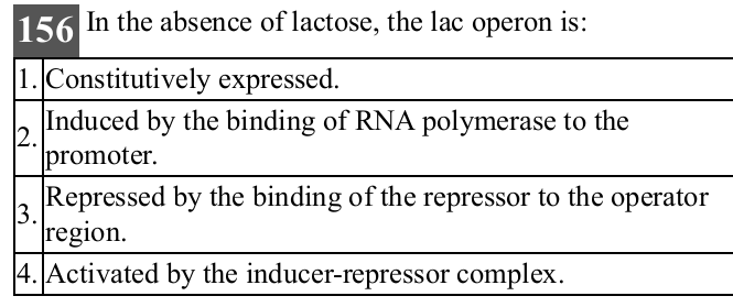 156 In the absence of lactose, the lac operon is:1. Constitutively expre..