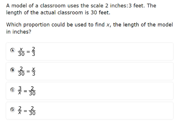A model of a classroom uses the scale 2 inches: 3 feet. The length of the..