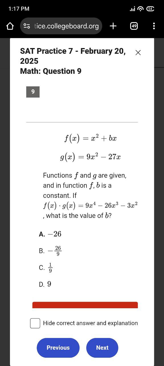 1:17 PMㅇ. tice.collegeboard.orgSAT Practice 7 - February 20, 2025Math..