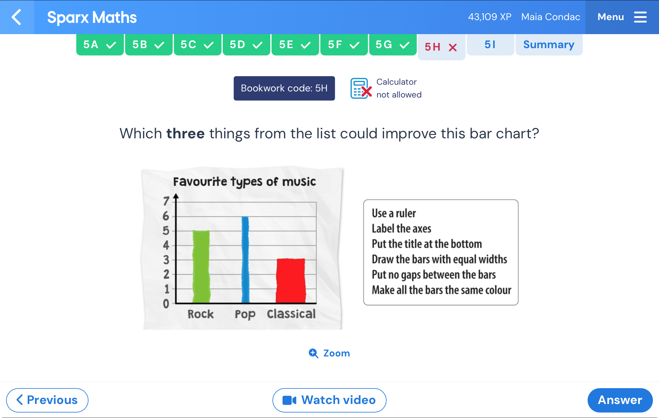 Sparx Maths 43,109 XP Maia Condac Menu 5A 5B 5C 5D 5E 5 F 5G 5H 51 Summar..
