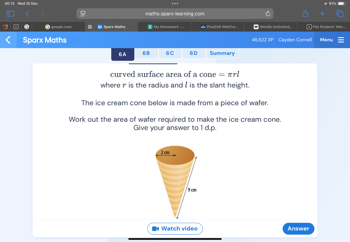 curved surface area of a cone = \pi rl where r is the radius and l is the..