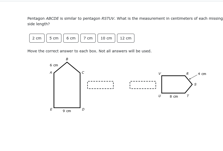 Pentagon A B C D E is similar to pentagon RSTUV. What is the measurement